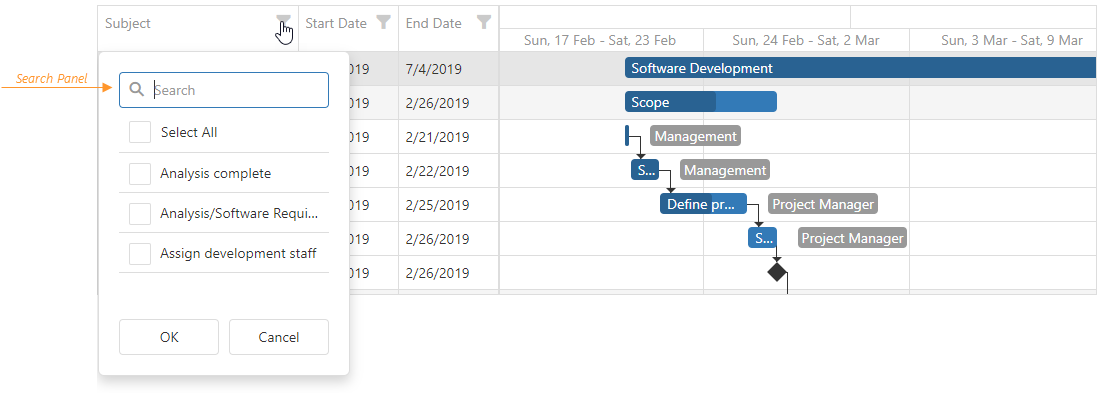 JavaScript/jQuery Gantt - Header Filter | jQuery/JS Documentation v25.1